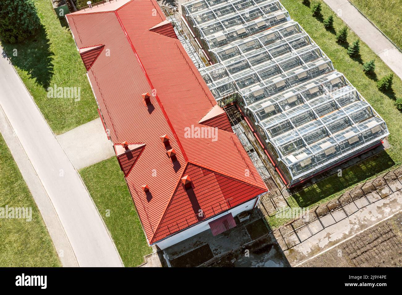 view from air of the building of research laboratory and glasshouse in ...