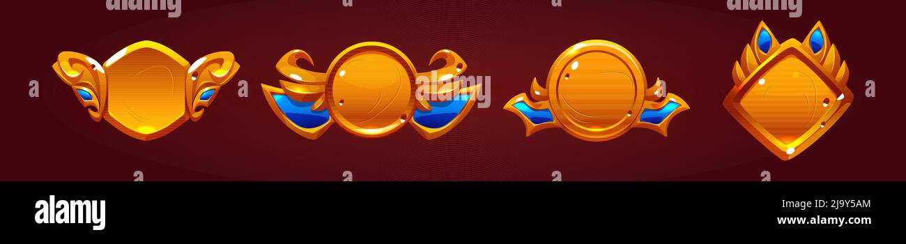 Golden game buttons, achievement badges different shapes. Vector ...