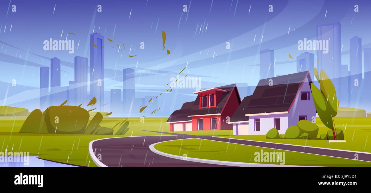 Storm with wind and rain in suburb district with houses. Vector cartoon ...