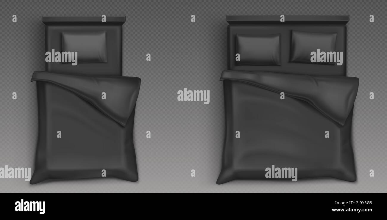 Single and double beds with black linen top view. 3d vector furniture ...