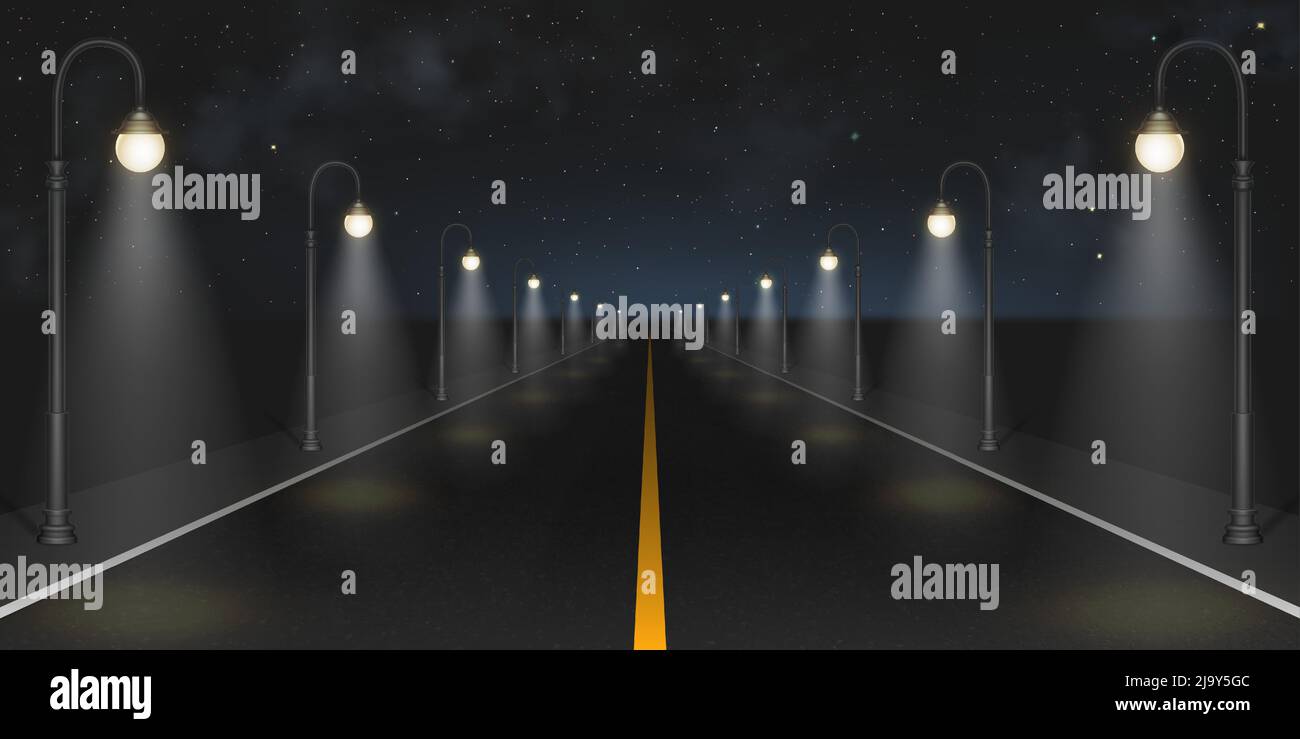 Night road with street lamps perspective view. Empty highway with ...