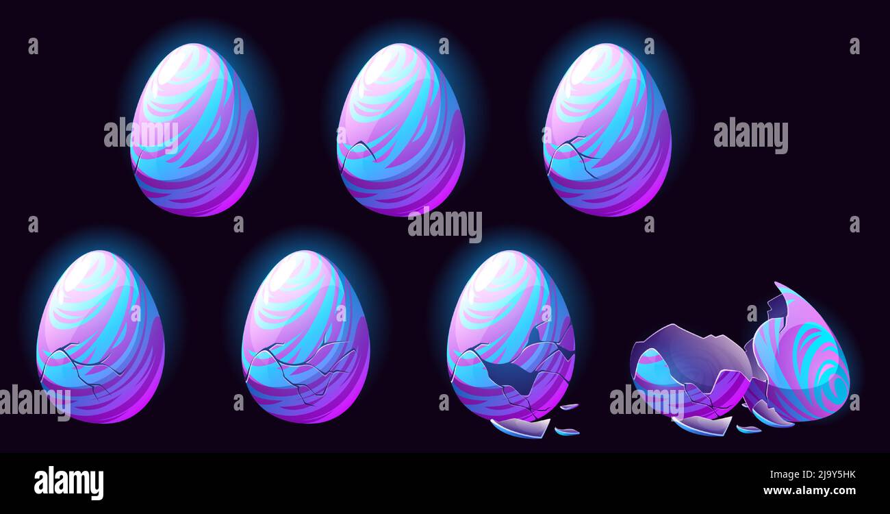 Fantasy dragon eggs in different steps of break with cracks and shell ...