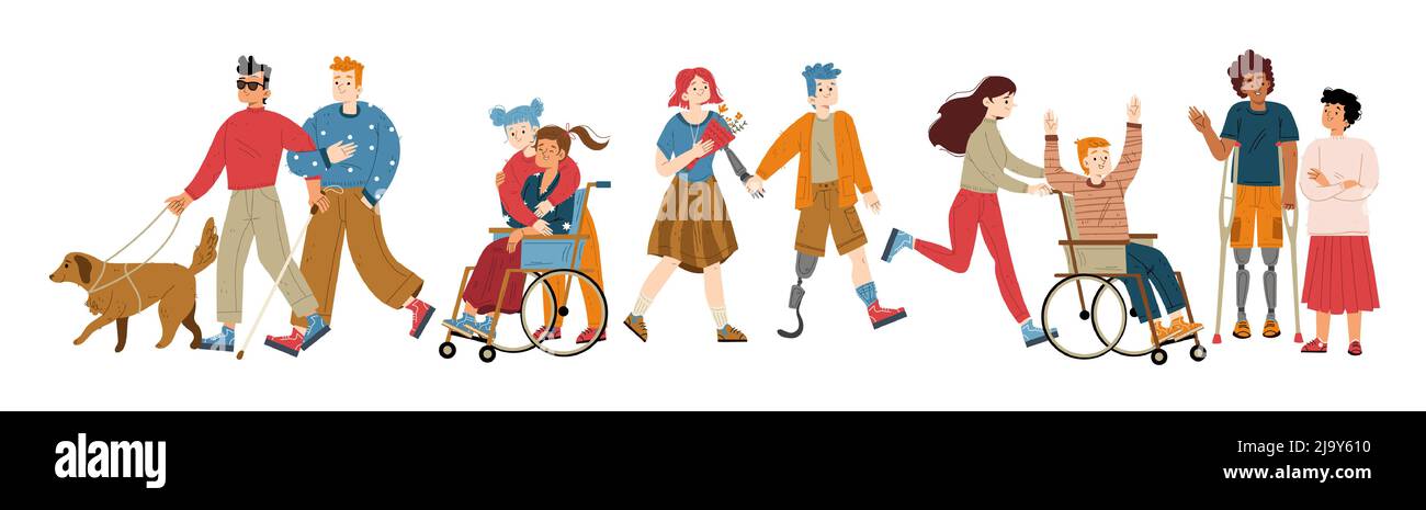 People with different disabilities waving hand. Vector flat ...