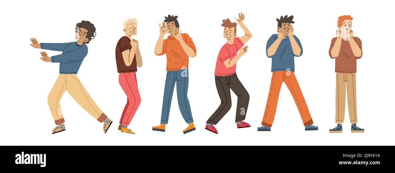 Men characters scared, afraid, terrified. Vector flat illustration of ...