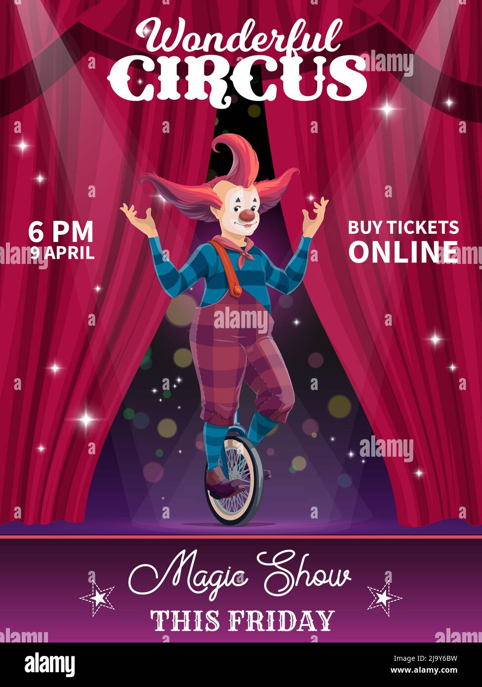 Shapito circus vector poster with cartoon clown on unicycle at funfair ...
