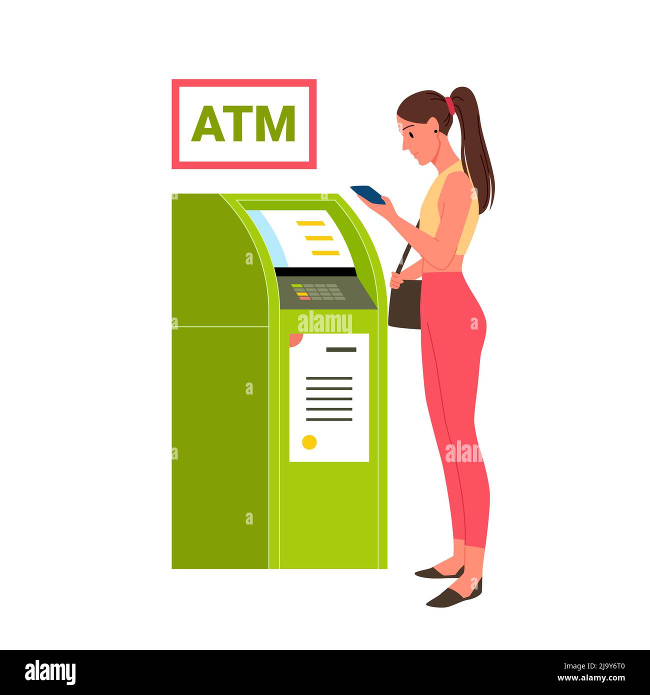 Girl using ATM to pay, verify or check bank account information, client ...