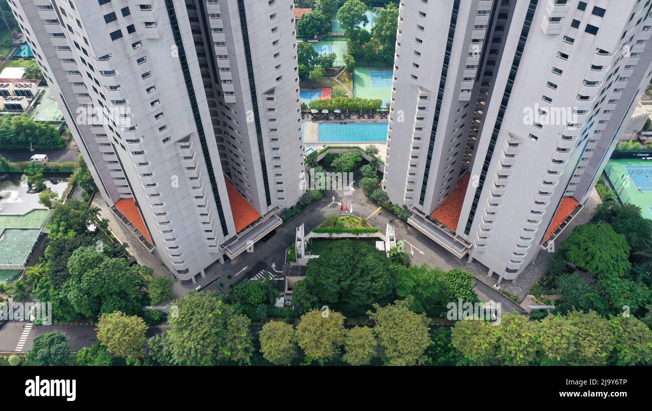 Aerial top down close up of a tall residential towers in Jakarta ...