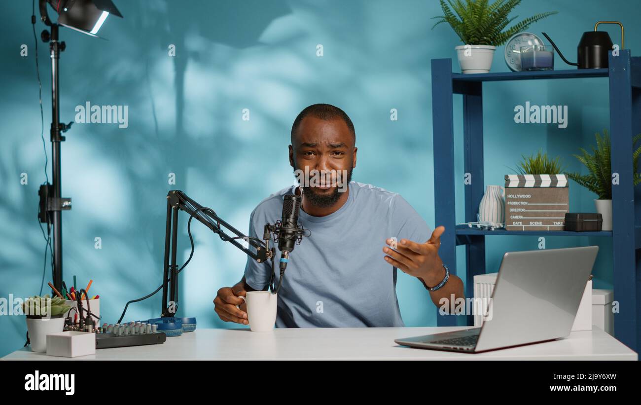 POV of influencer recording vlog and talking to subscribers on camera ...