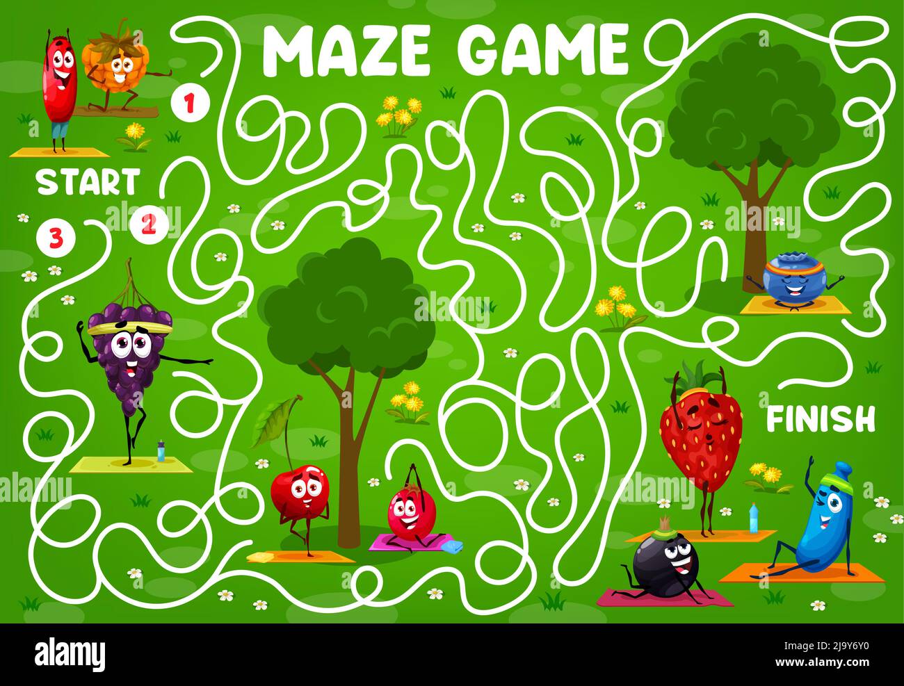 Labyrinth maze game, cartoon berry characters on yoga fitness, vector ...