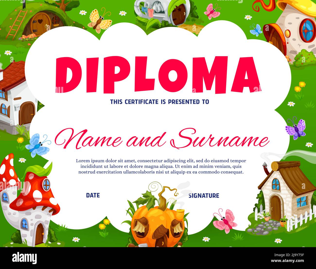 Kids diploma. Fairy village of gnome houses and dwellings. Education ...