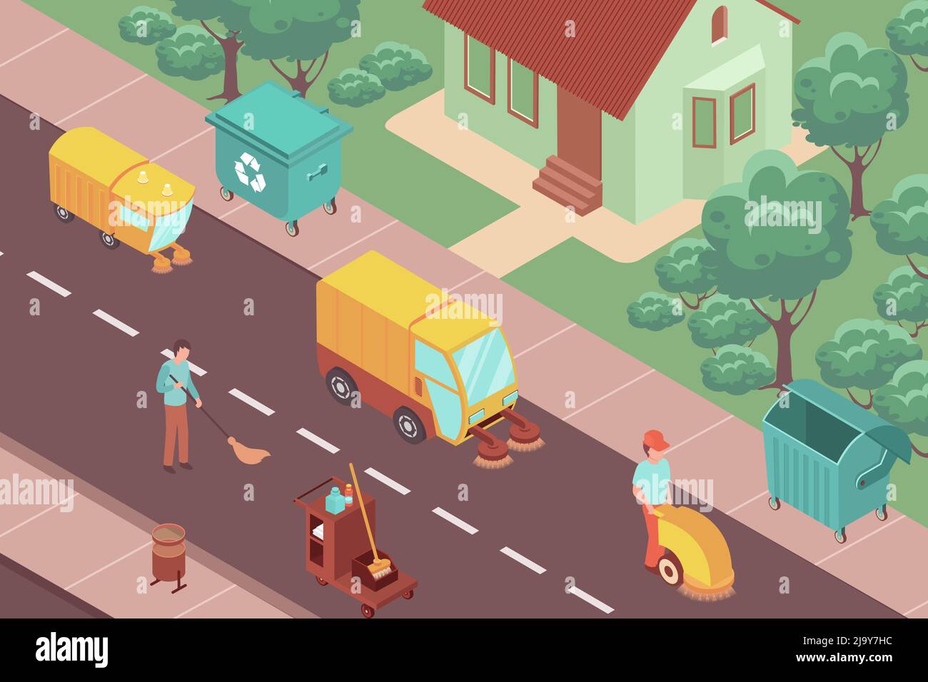 Volunteers cleaning and sweeping city streets 3d isometric vector ...