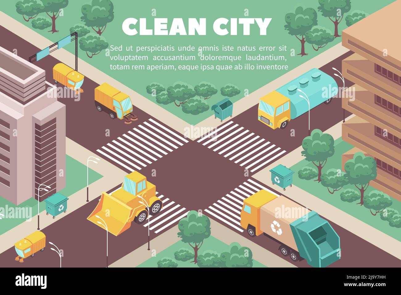 Isometric composition with garbage trucks and trash containers in ...