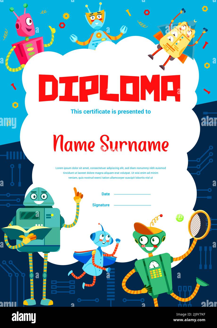 Kids diploma. Cartoon funny robots. Kids award, elementary school ...