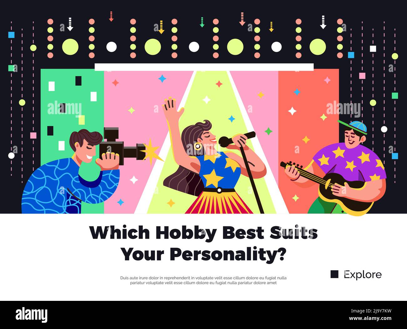 Choosing hobby suiting your personality bright colorful banner with ...