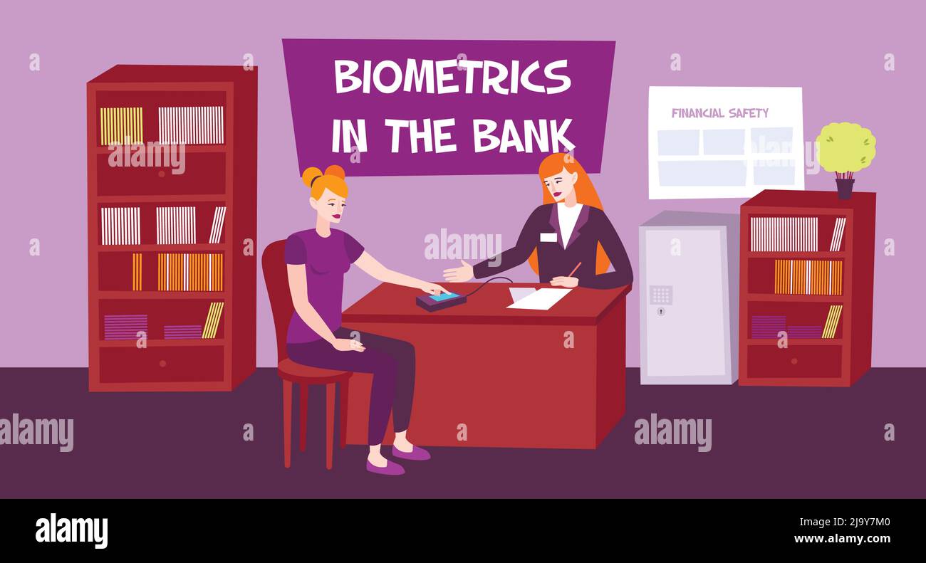 Biometric bank composition with indoor view of bank office with ...