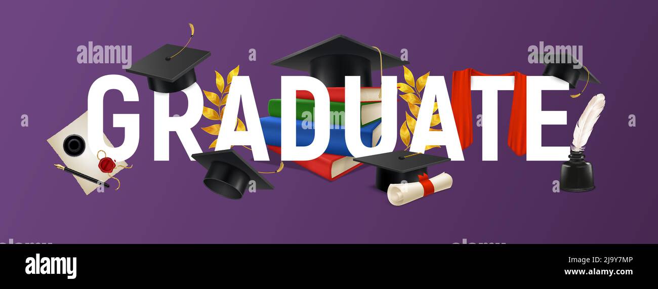 Background with text and realistic graduate caps scarf and stationary ...