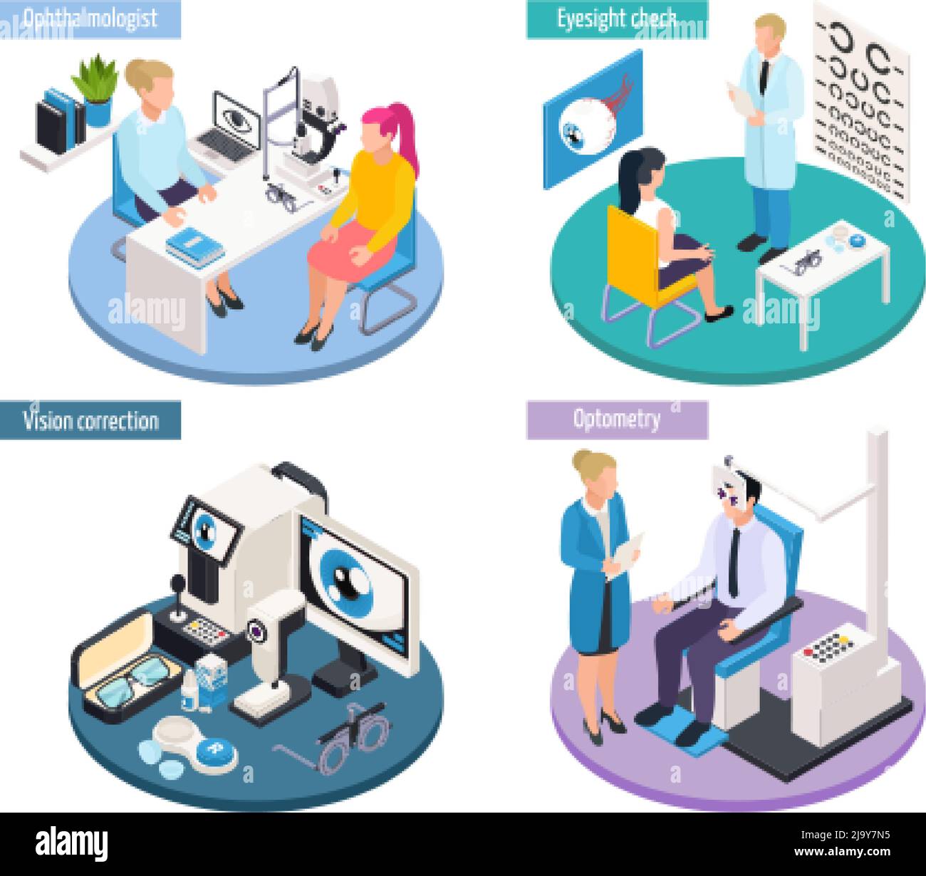 Ophthalmology isometric 2x2 design concept with scenes of medical ...