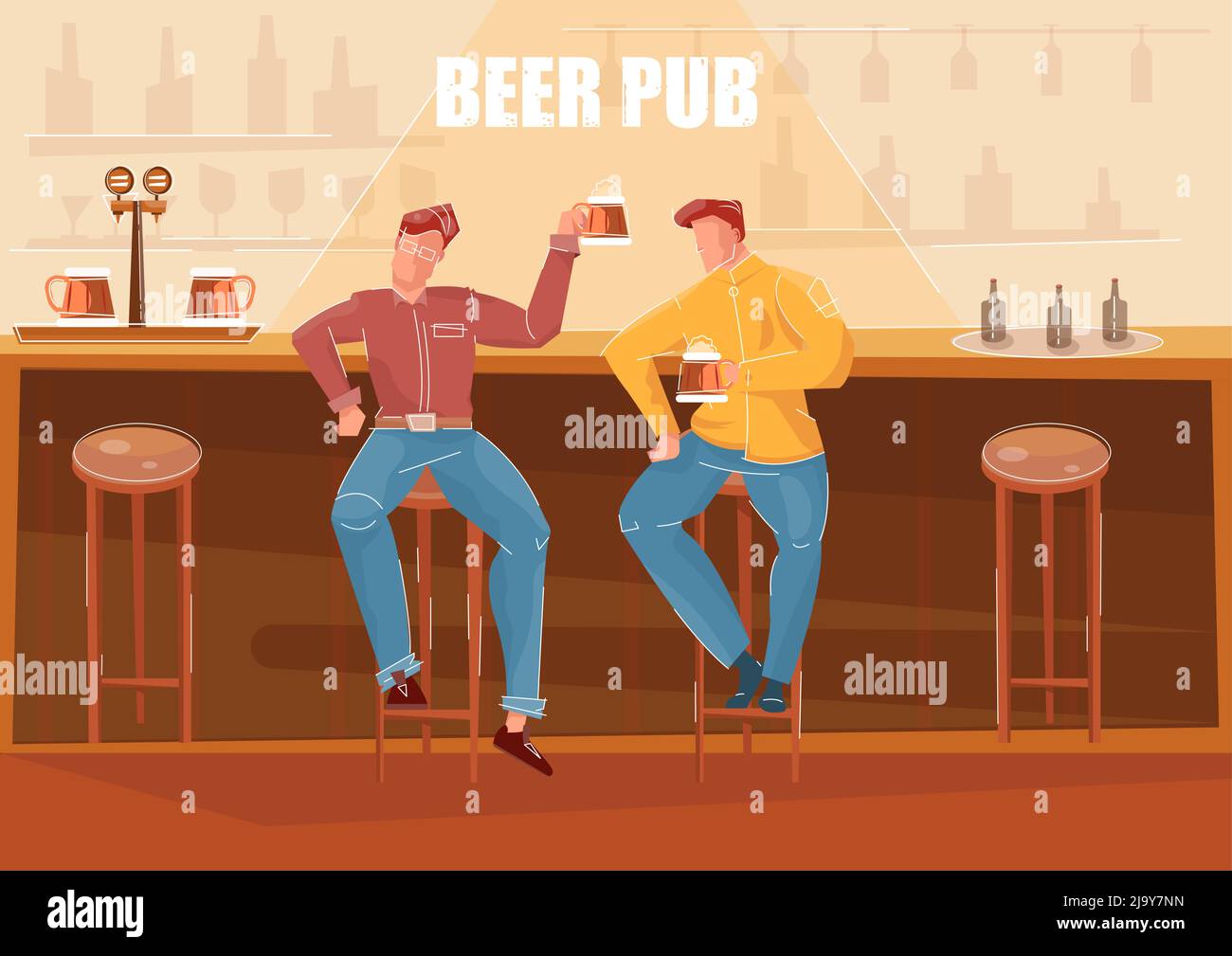 Two men drinking beer at bar counter in pub flat vector illustration ...