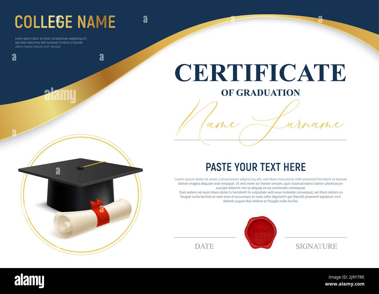 Realistic academic certificate of graduation template with text field ...