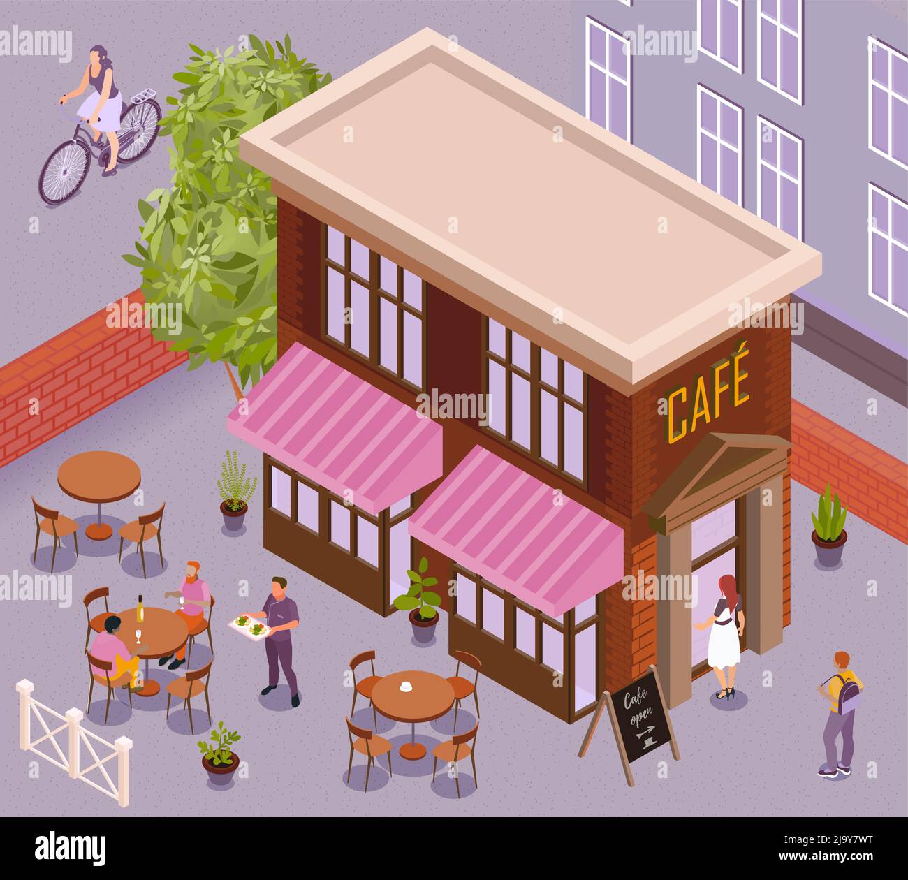 Fragment of city landscape with cafe building and outdoor tables ...