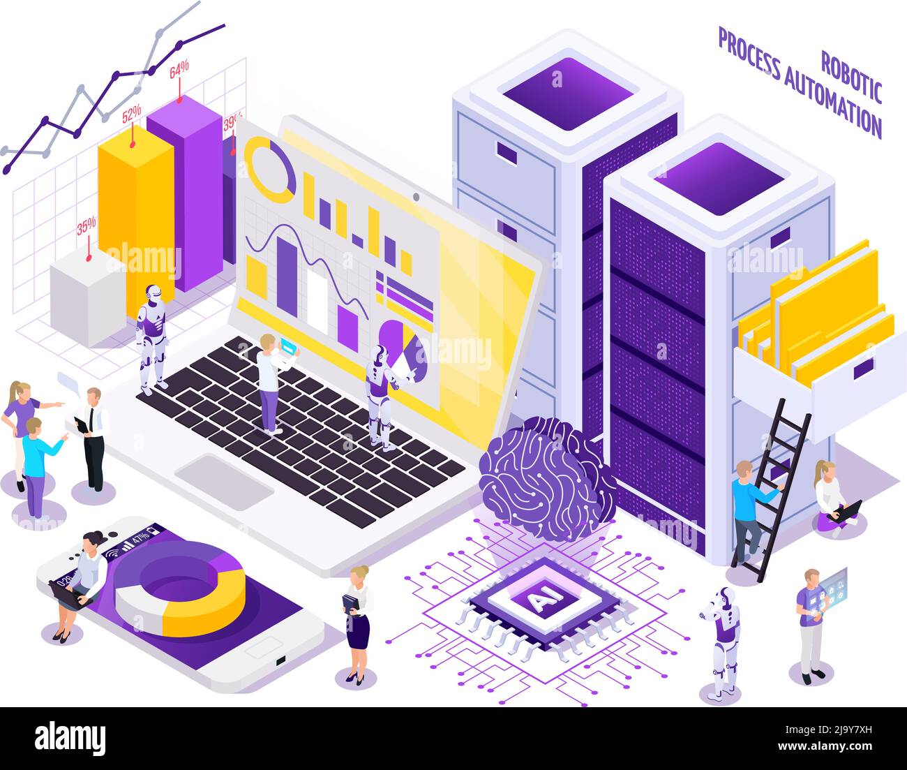 Robotic process automation isometric composition with little human characters and images of ...