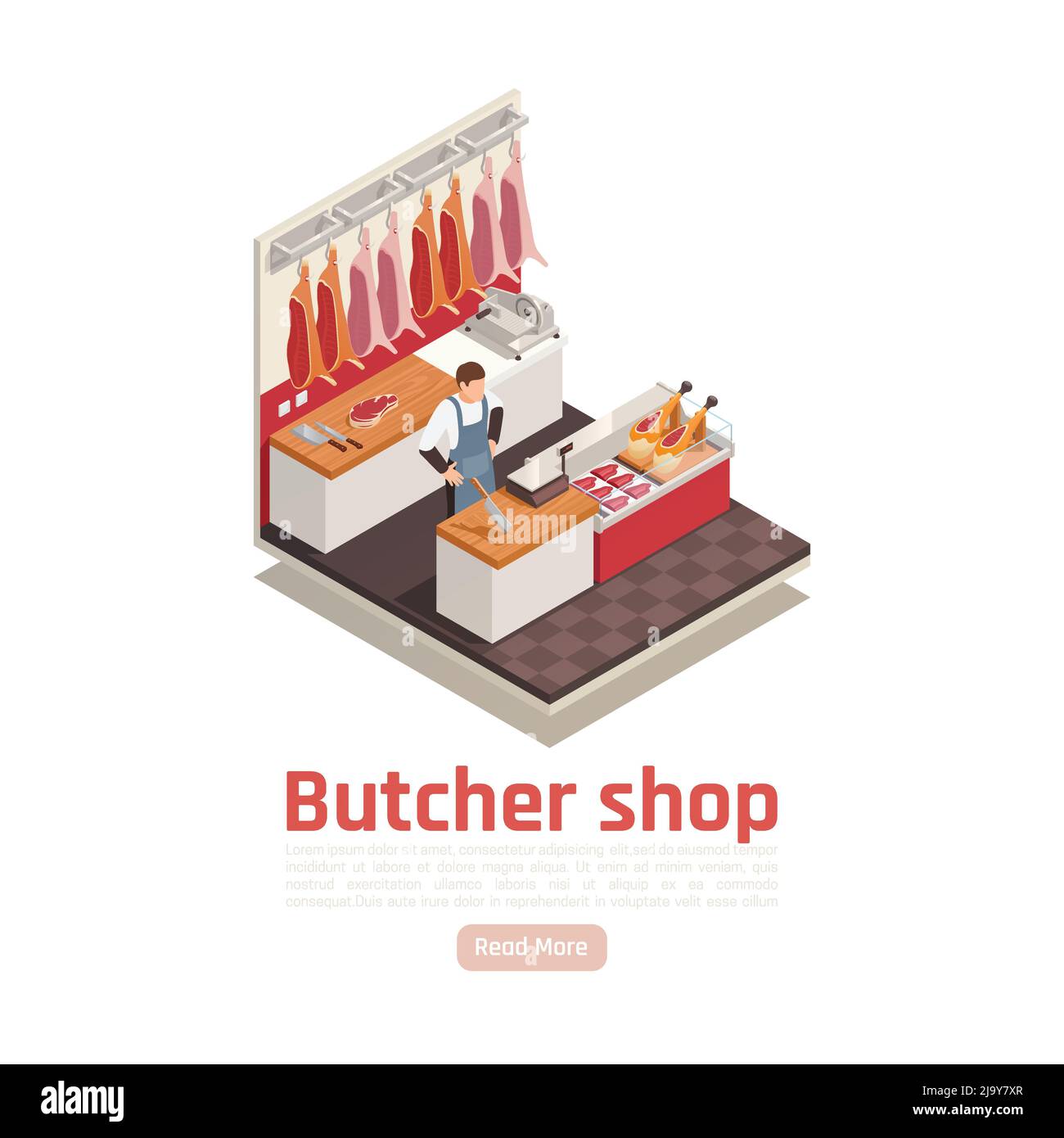 Butcher shop isometric composition with hanging meat display steaks ...