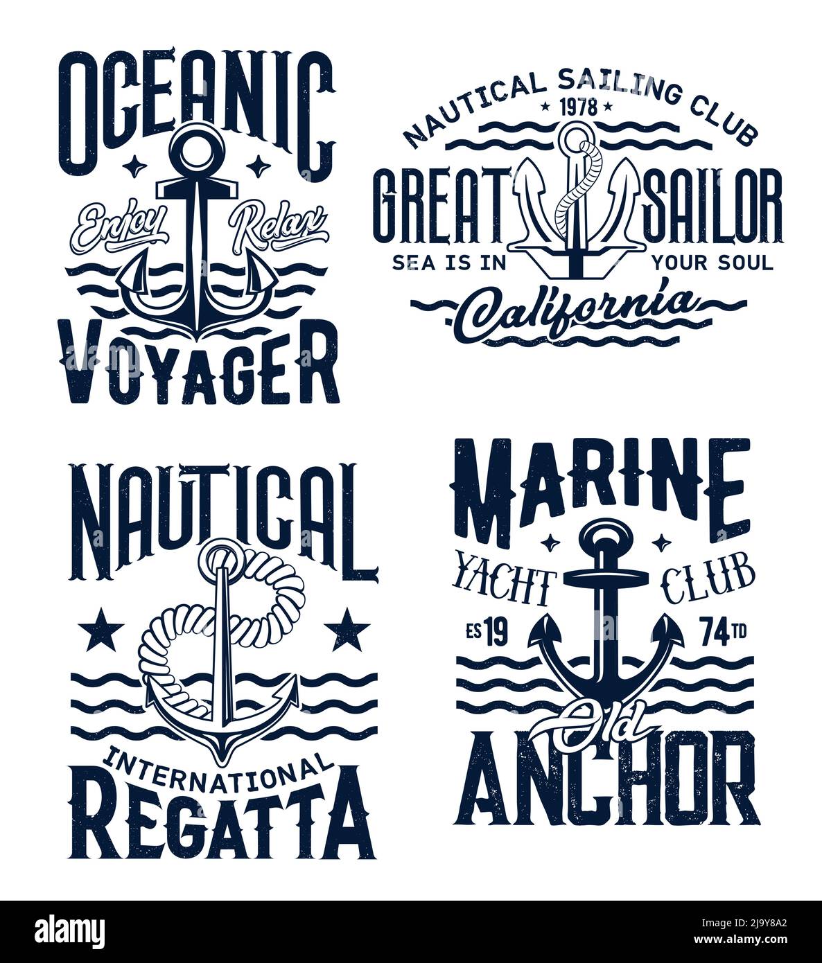 Nautical anchor, marine sea club t-shirt prints vector navy sailing and ...