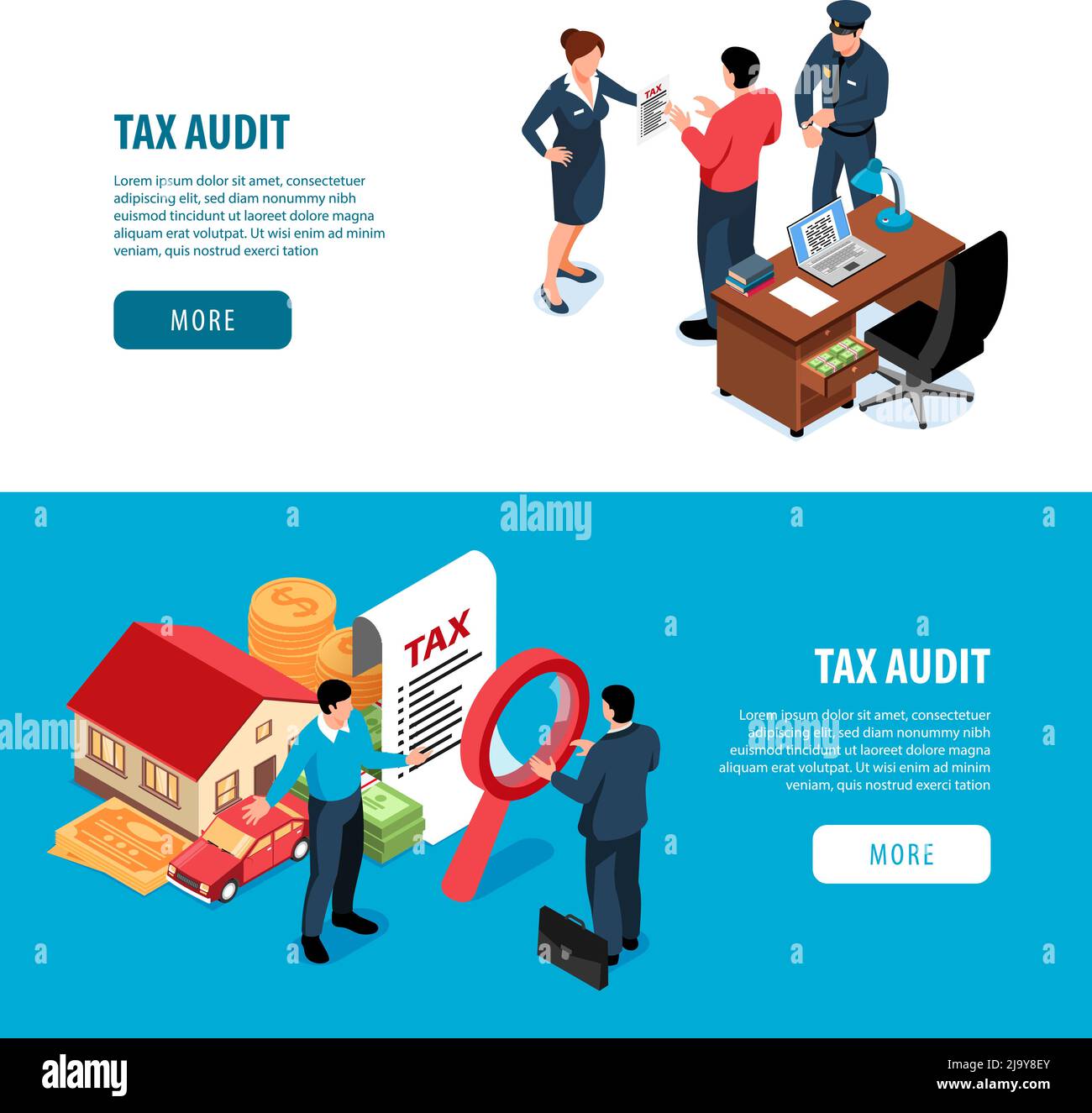 Set of two isometric tax accounting horizontal banners with clickable ...