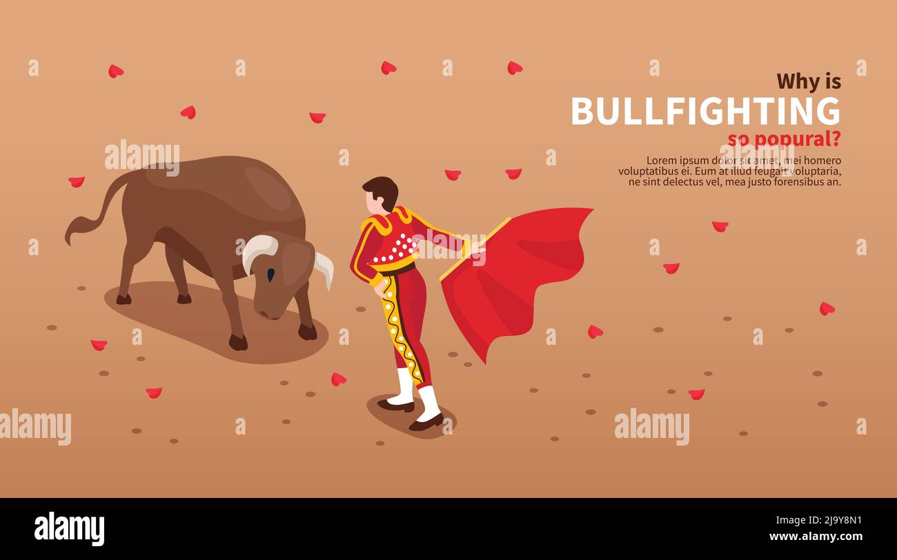 Isometric bullfight horizontal banner with view of field with bull and ...