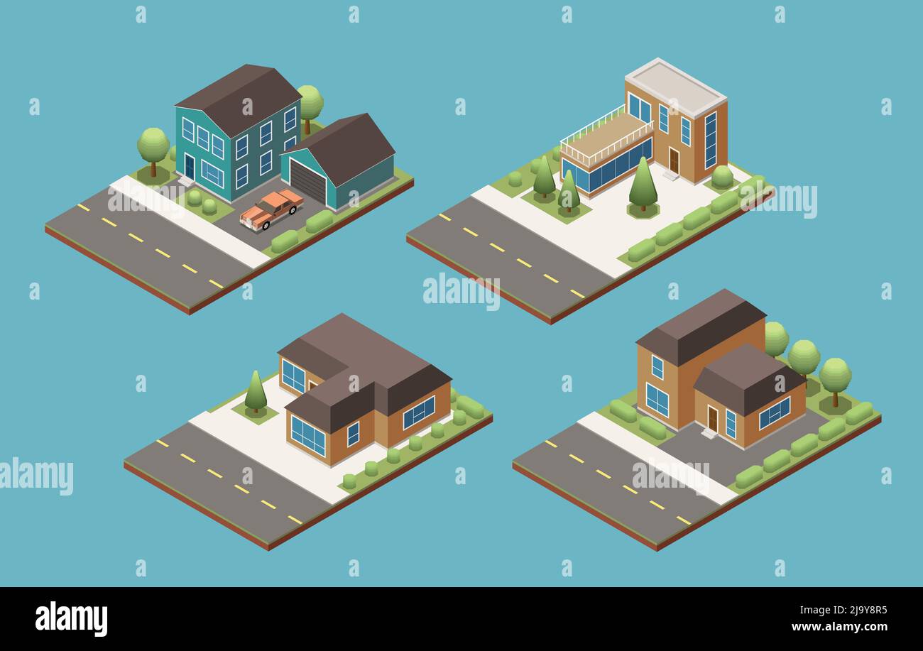 Suburban buildings of individual design isometric set with stretch of ...