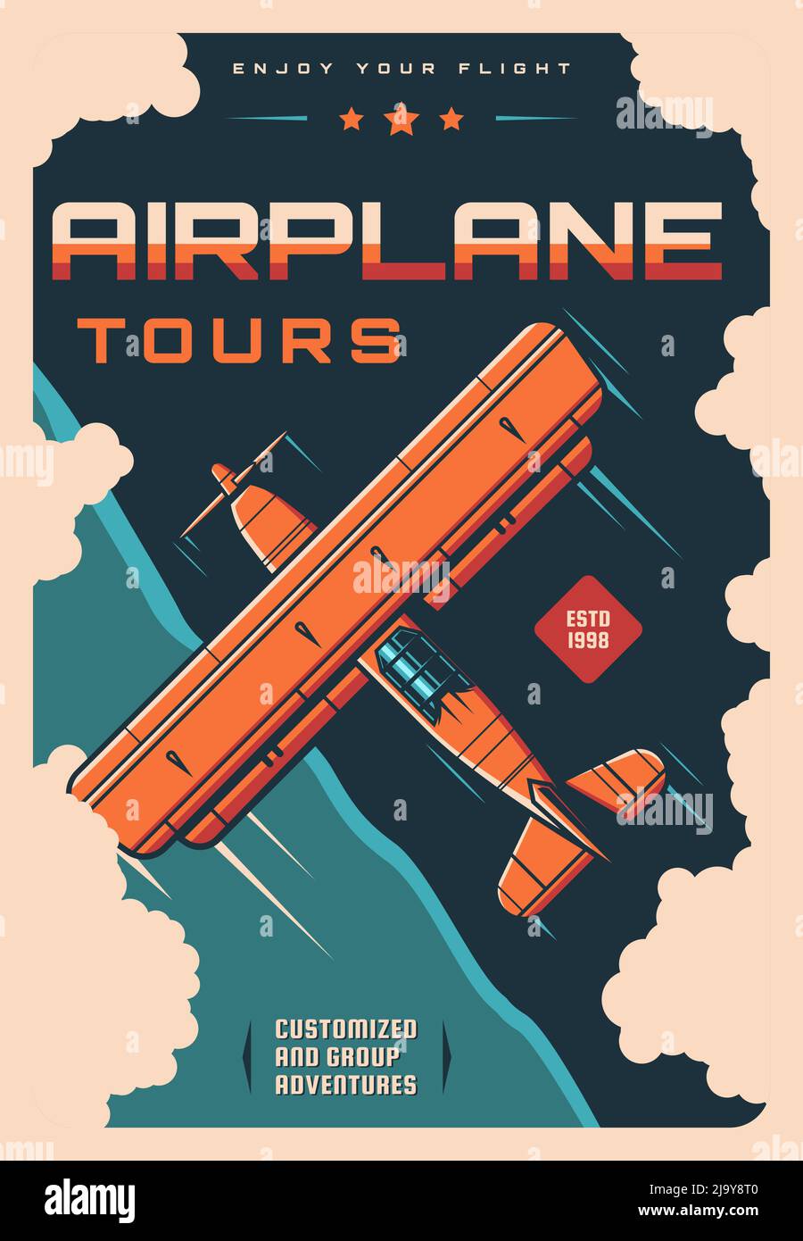 Airplane travel tours vintage poster with vector retro plane, biplane ...