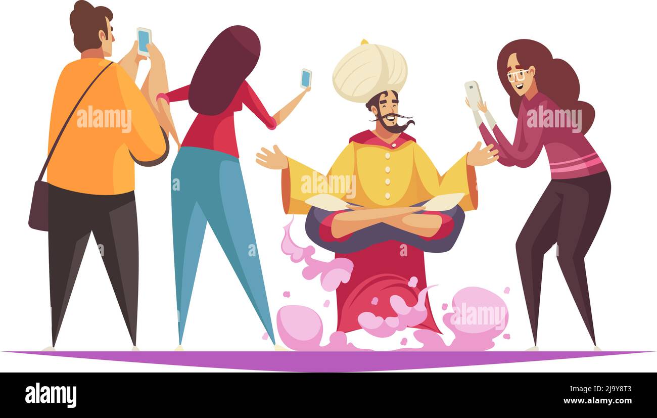 Cartoon composition with people taking photo of jinn vector ...