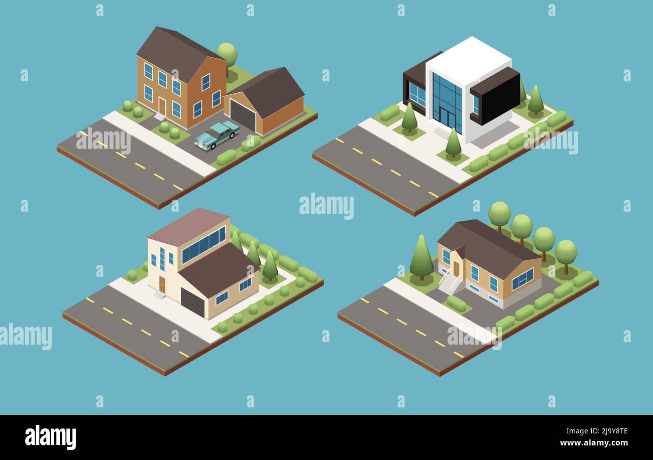 Set of four isometric compositions representing various project of suburban building and private ...