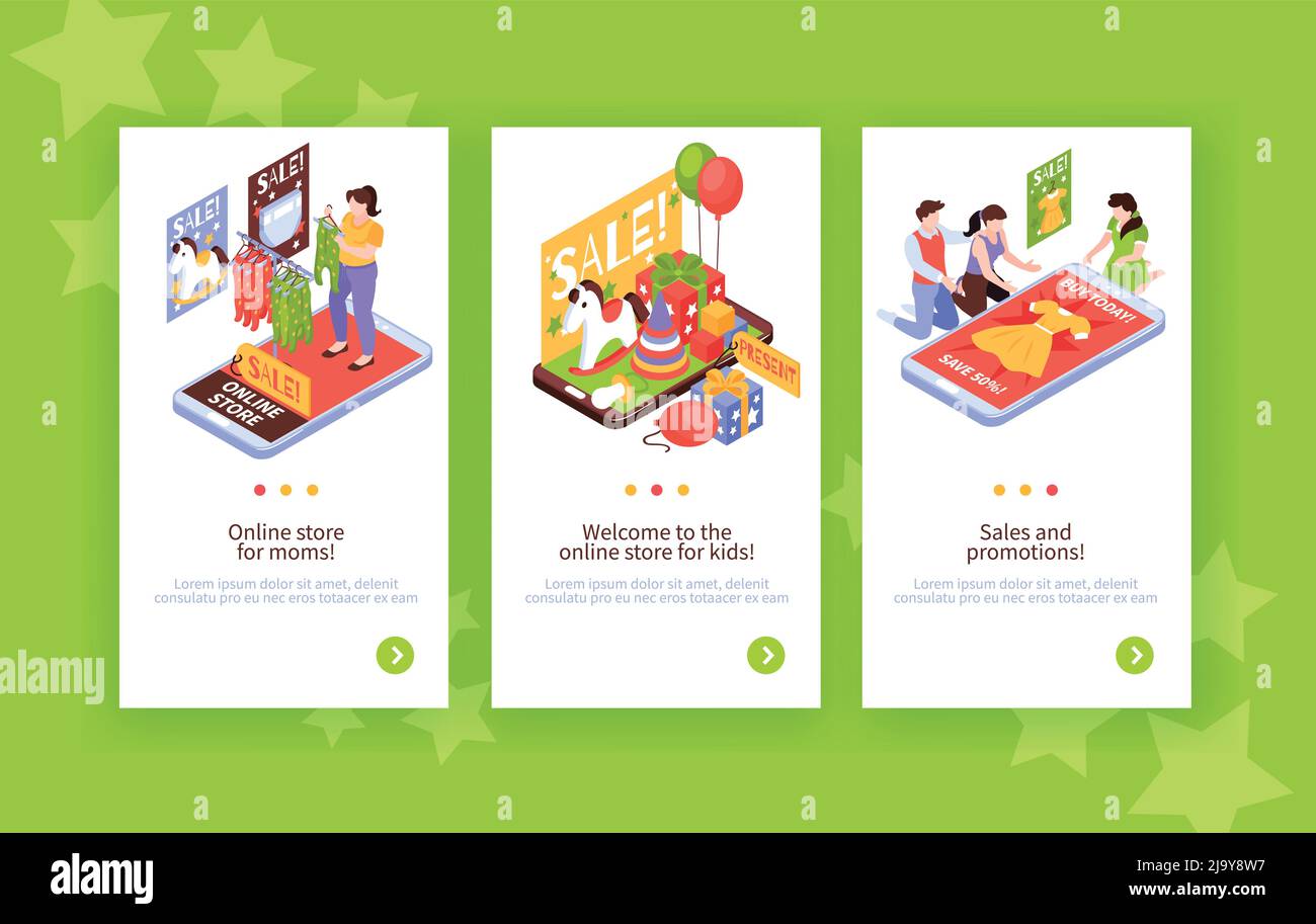 Isometric kids online shopping vertical banners with editable text page switch buttons and ...