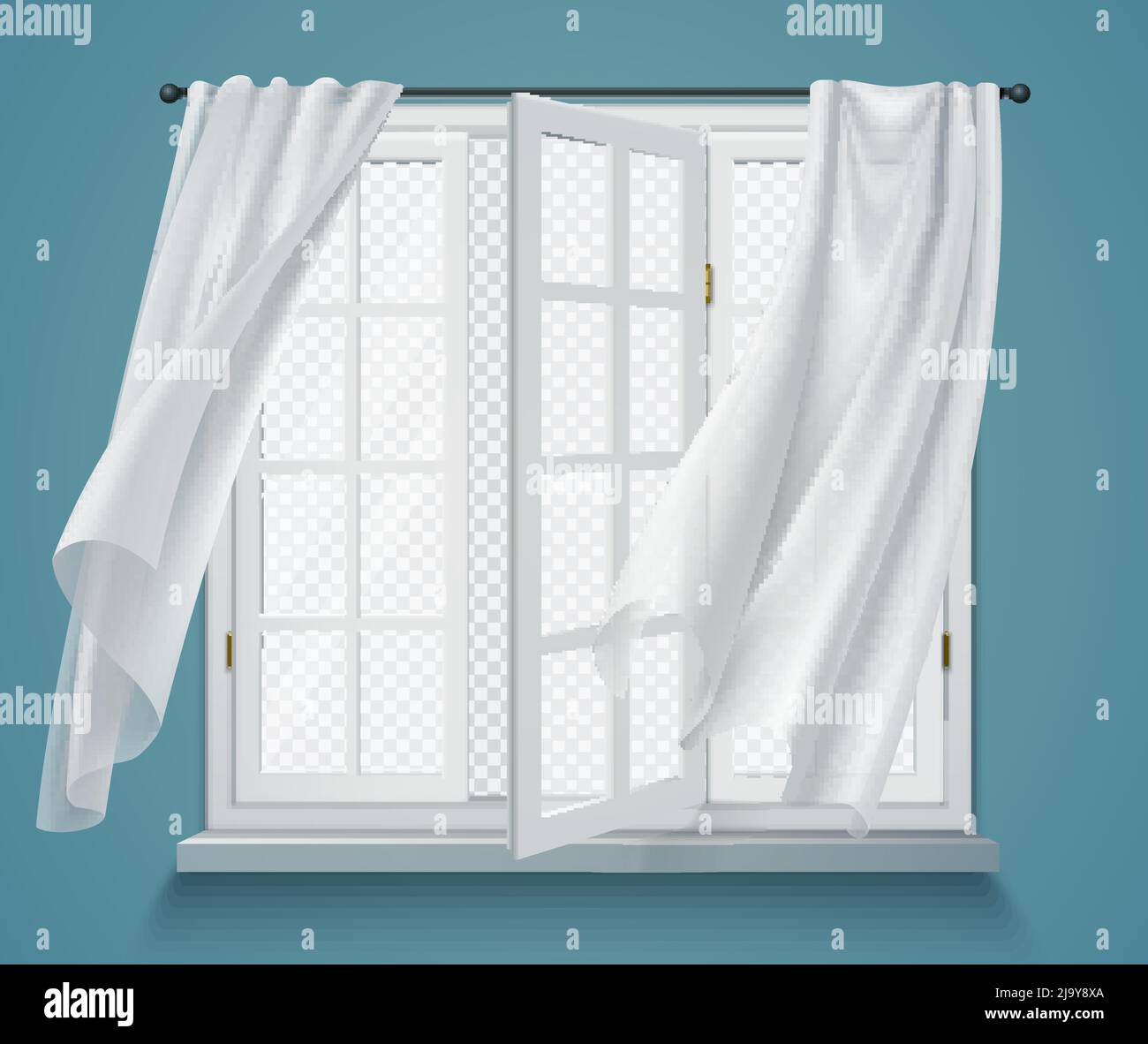 Open window billowing curtains transparent view composition with blue ...