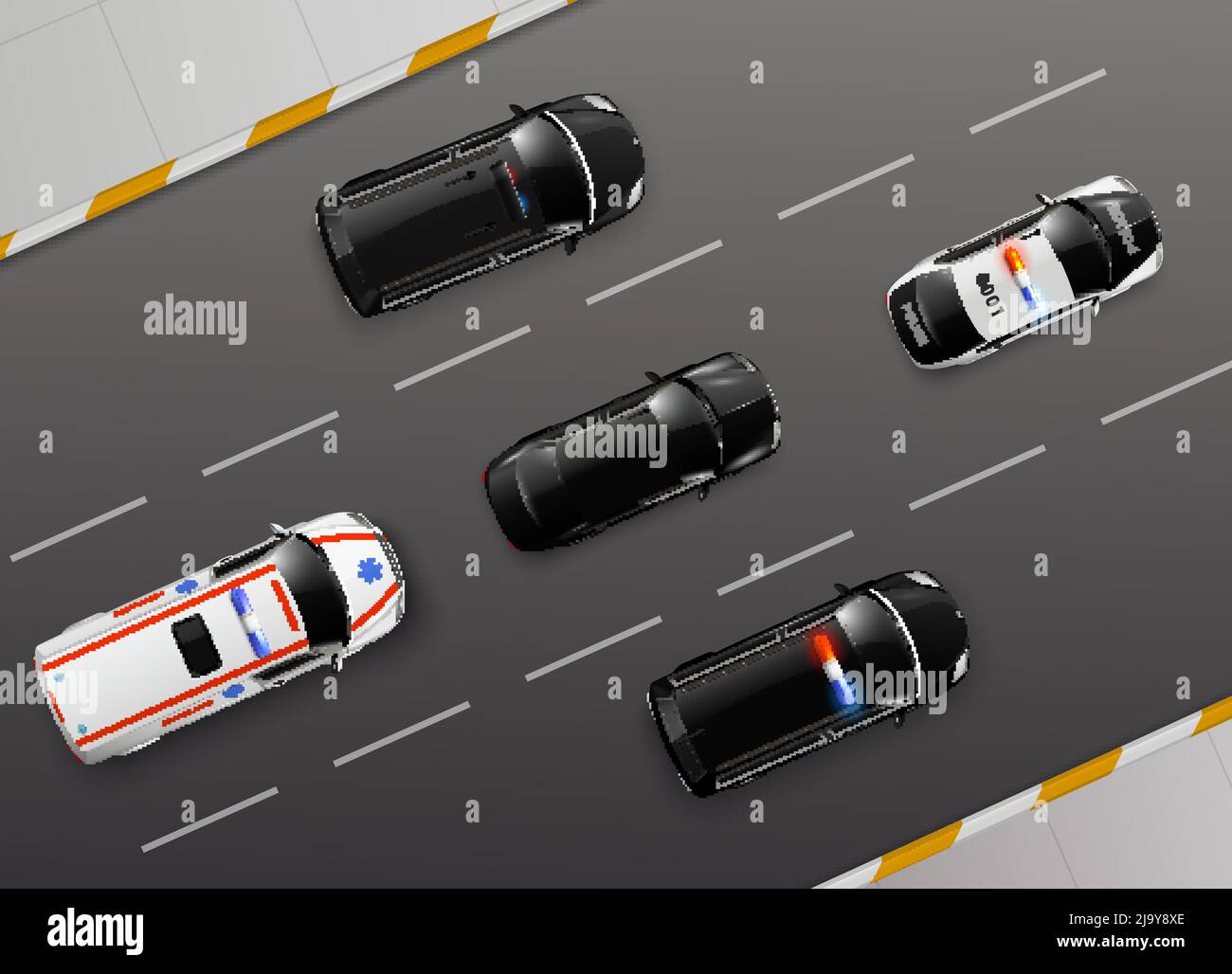 Cars top view realistic composition with images of blue light service ...