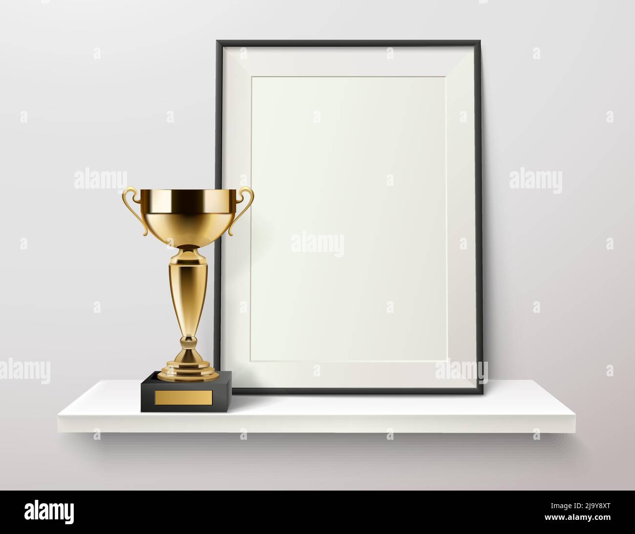 Trophy and frame realistic composition with golden cup and photo frame ...