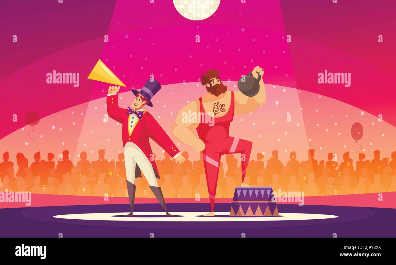 Strongman with weight piece and show presenter at circus cartoon vector ...