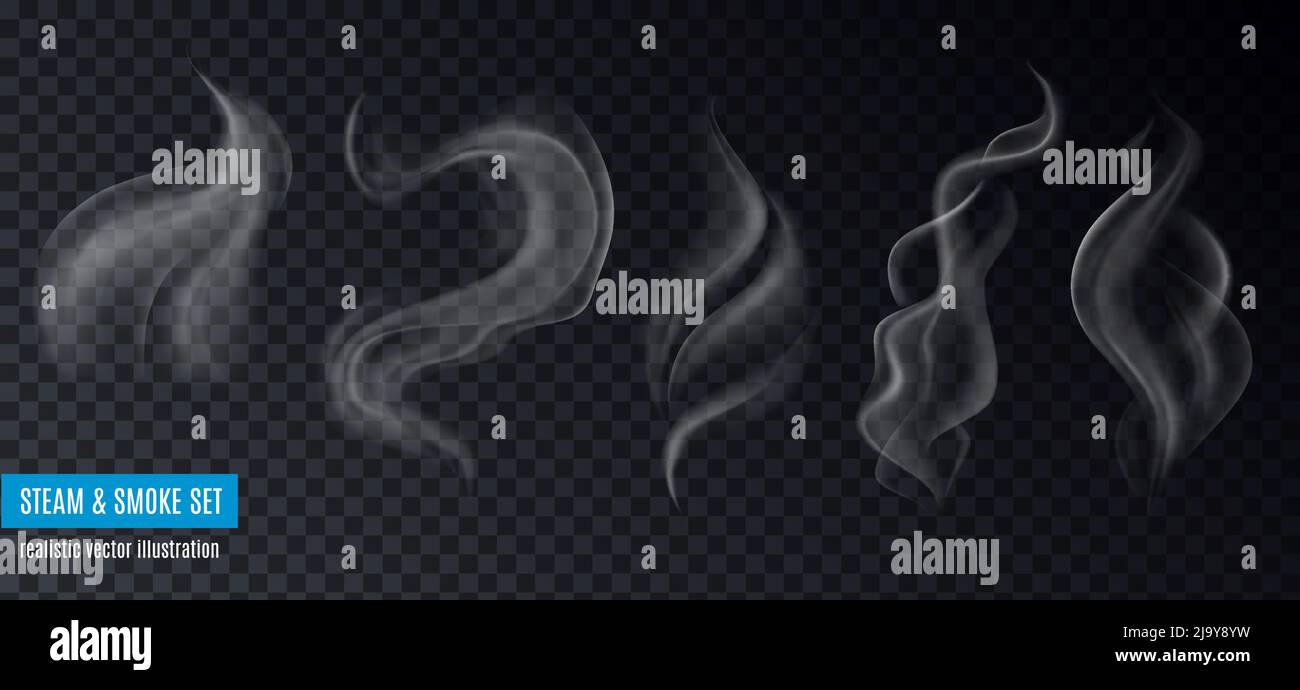 Steam and smoke collection of realistic images on transparent ...
