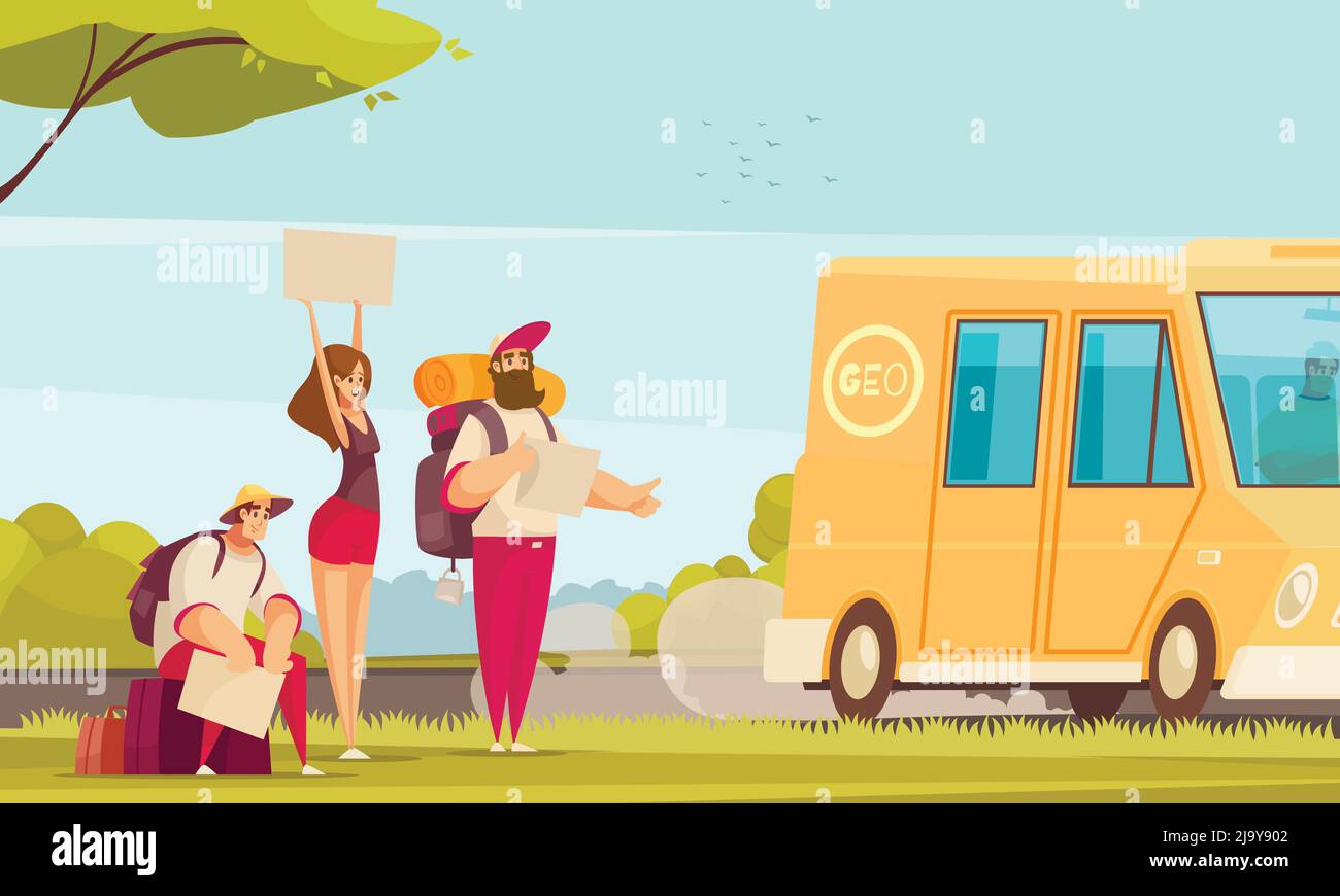Cartoon background with friends hitchhiking and stopping bus on road ...