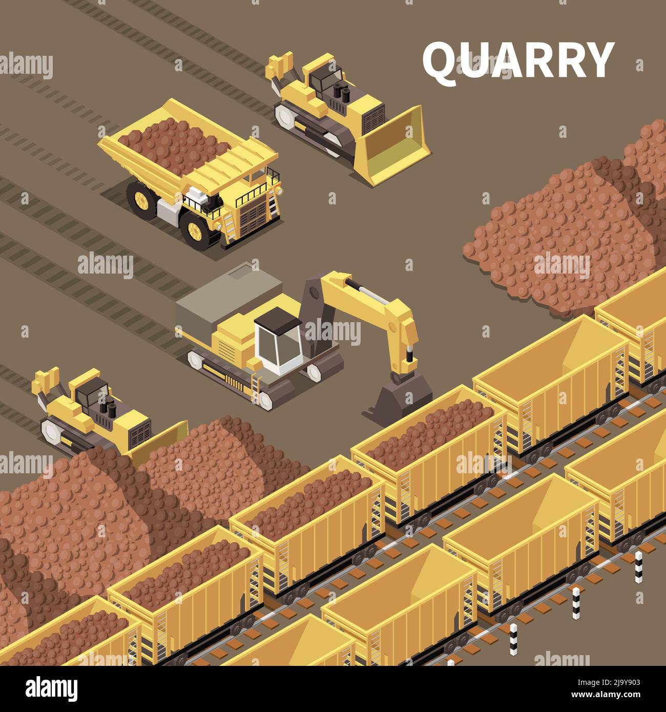 Mining machinery background with trucks and excavators loading rocks 3d ...