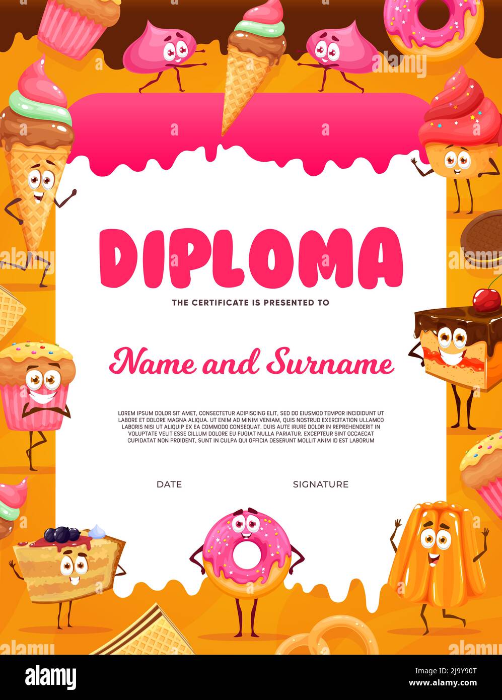 Kids diploma cartoon sweets, bakery and desserts characters. Vector ...