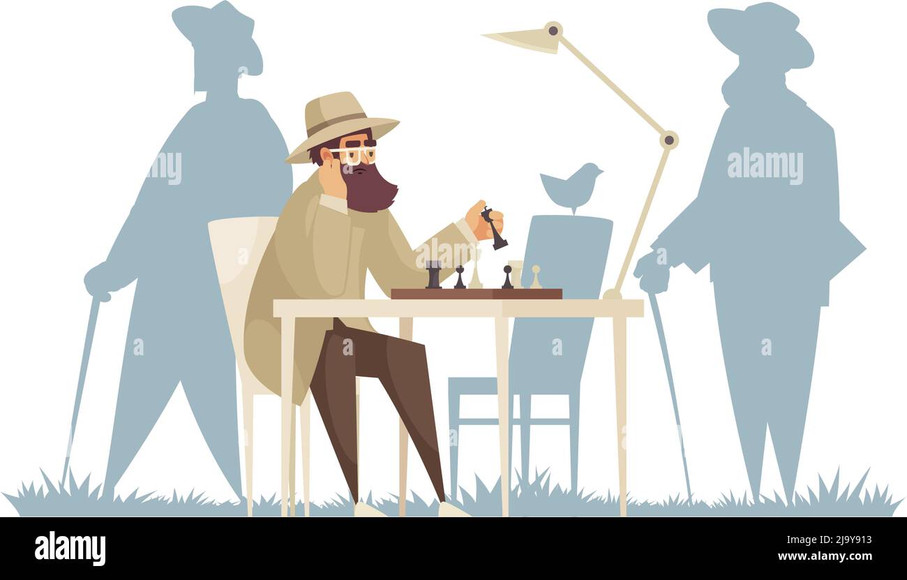 Lonely composition with character of old man sitting at chess table ...