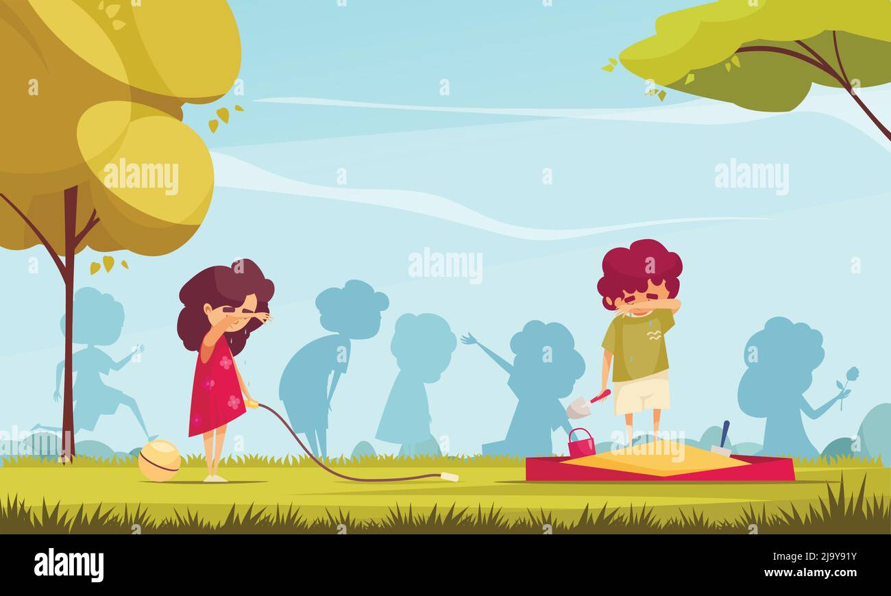 Colored cartoon background with two lonely children crying on ...