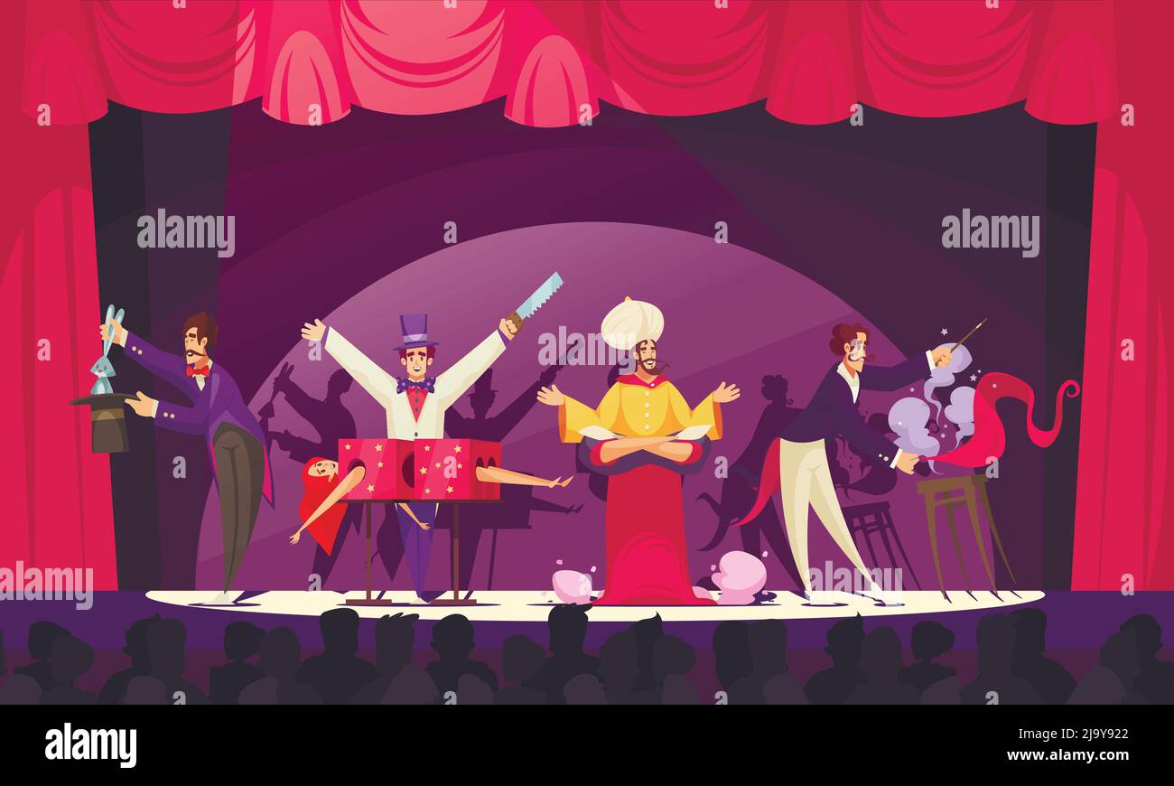 Magicians and jinn performing on circus stage in front of audience ...