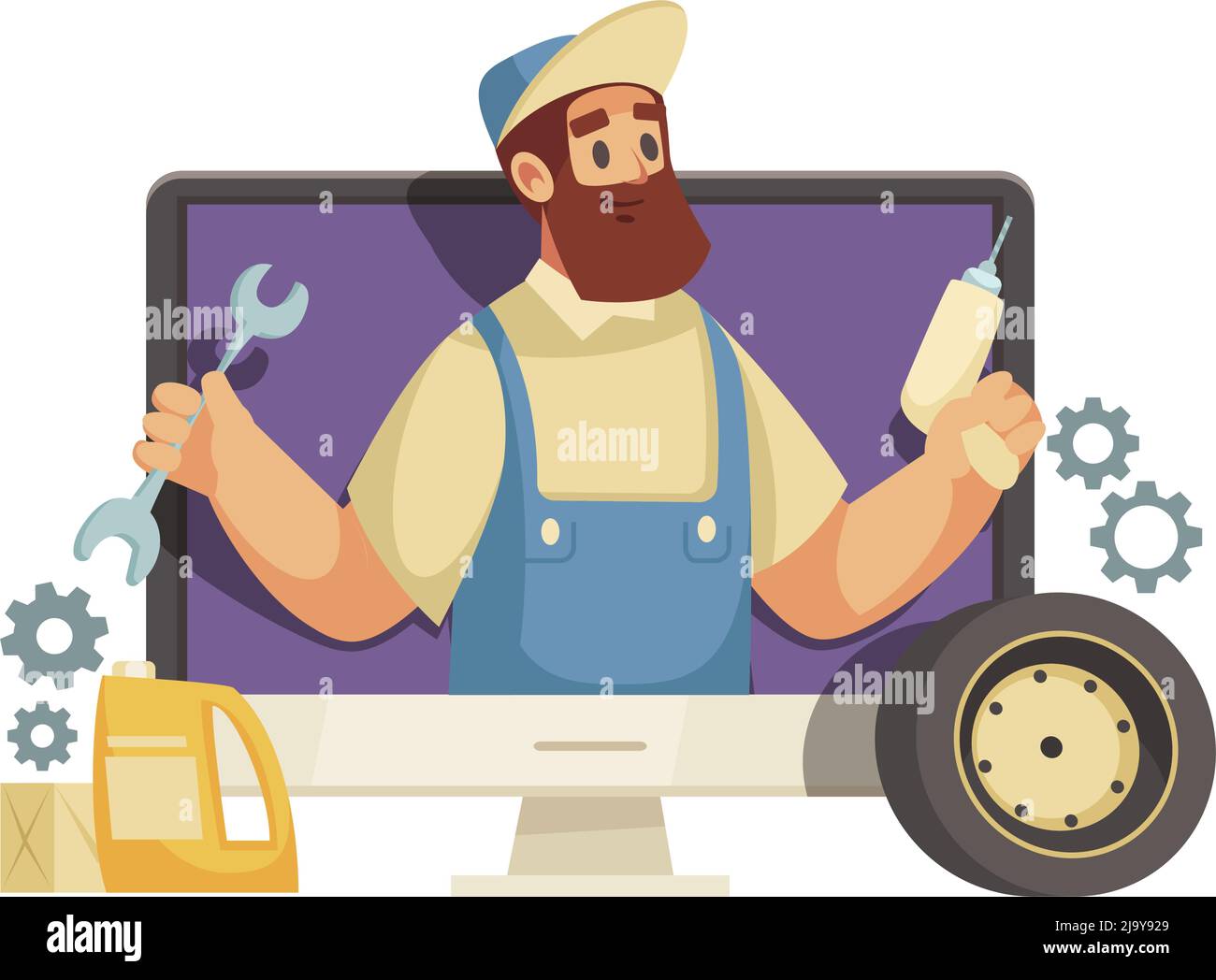 Do it yourself video blogger cartoon icon with character of mechanic on computer screen vector ...