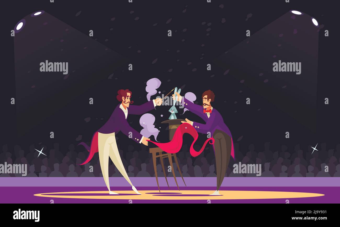 Two magicians performing trick with hat and rabbit at circus cartoon ...