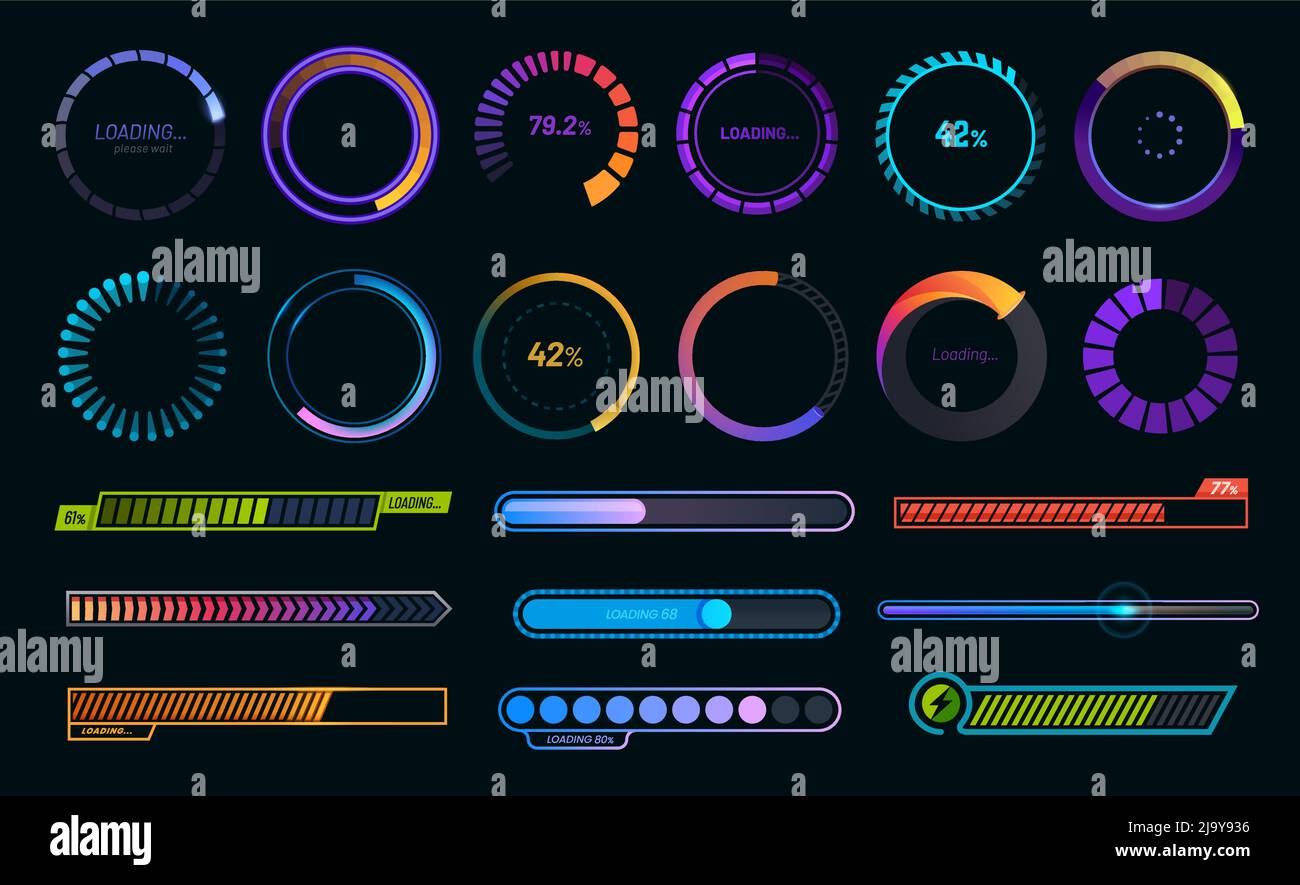 Loading progress bars, load or download and upload web icons, vector ...
