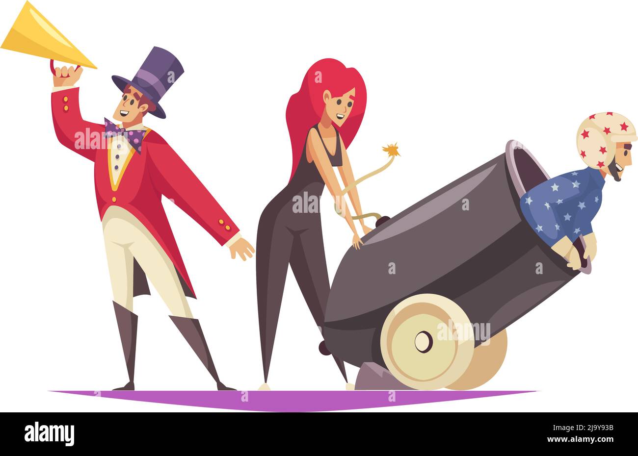 Circus performance cartoon composition with man sitting in cannon ...