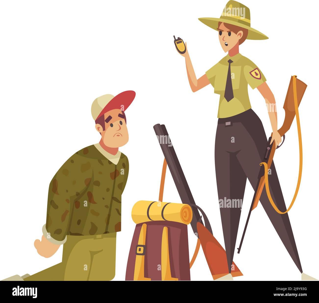 Angry forest ranger catching hunter with gun cartoon vector ...